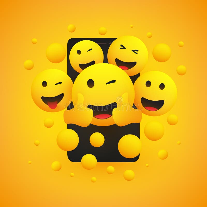 Various Smiling Happy Yellow Emoticons in Front of a Smartphone Screen ...