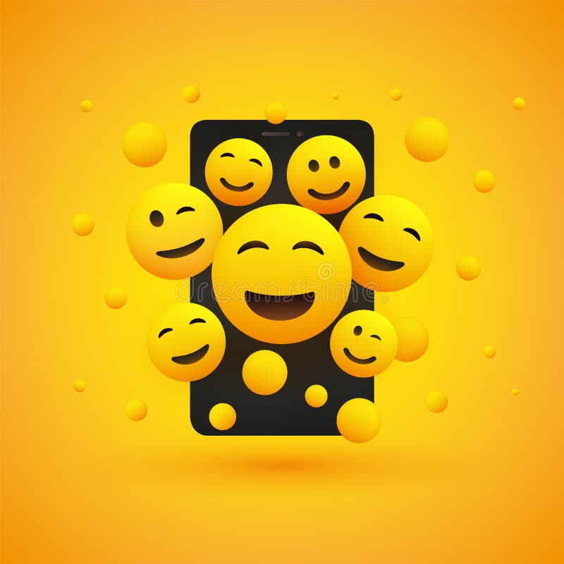 Various Smiling Happy Yellow Emoticons in Front of a Smartphone Screen ...