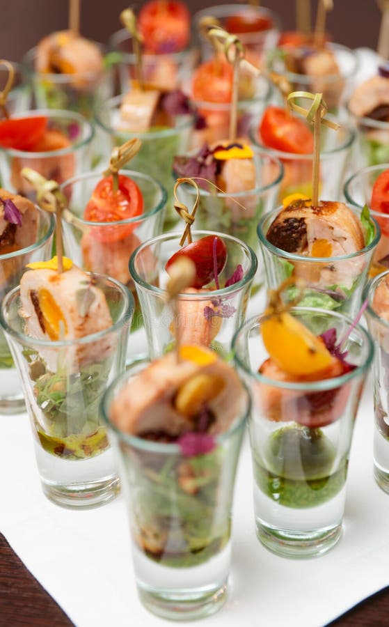 Various Snacks in Shot Glasses Stock Photo - Image of buffet, catering ...