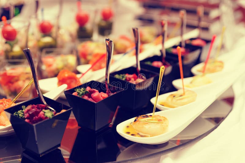 Various Snacks on Table, Toned Stock Image - Image of banquet, sauce ...