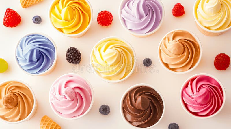 Colorful Assortment of Soft Serve Ice Cream Cups Featuring Various ...