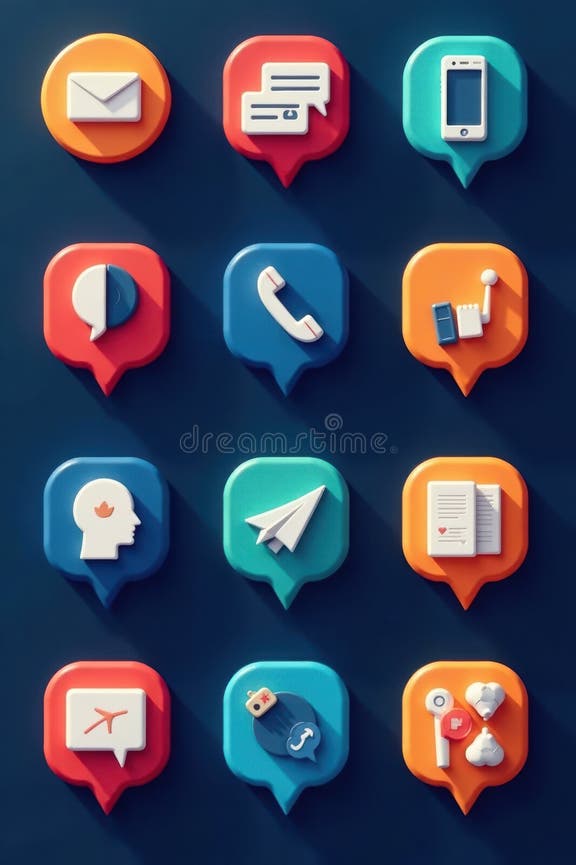 Various Solid Icons Representing Communication Methods , Chat, Video ...