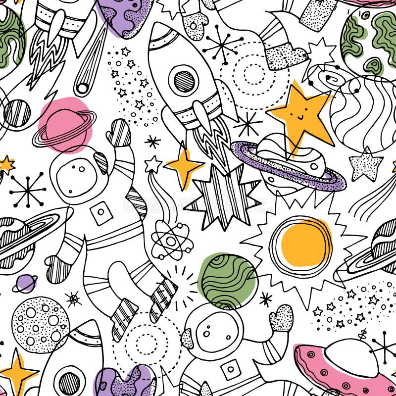 Various Space Elements Seamless Pattern. Linear Graphic. Scandinavian ...