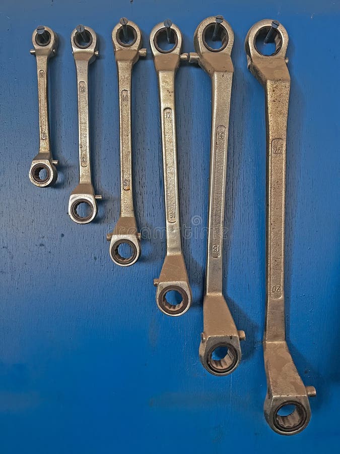 Various Spanners Hanging on the Workbench at the Garage Stock Image ...