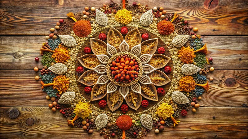 Various Spices Arranged To Form a Mandala Pattern on a Wooden Table ...