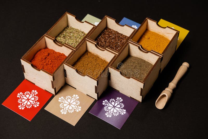Various Spices on a Black Background in Square Boxes of Wood Stock ...