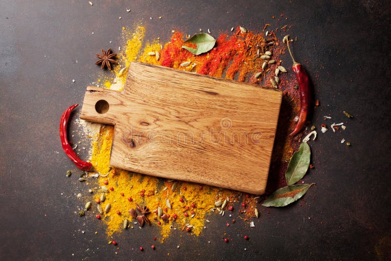 Various Spices and Cutting Board Stock Image - Image of cooking ...