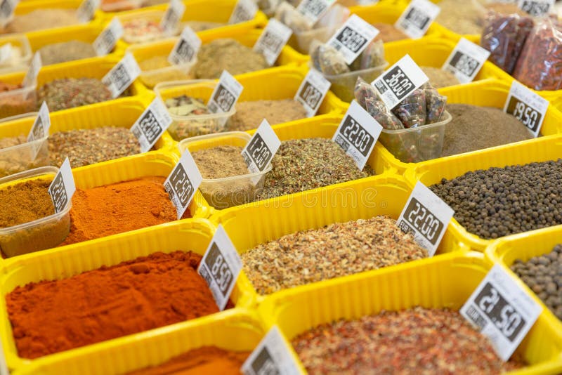 Various Spices on Farmer Market Stock Photo - Image of city, business ...
