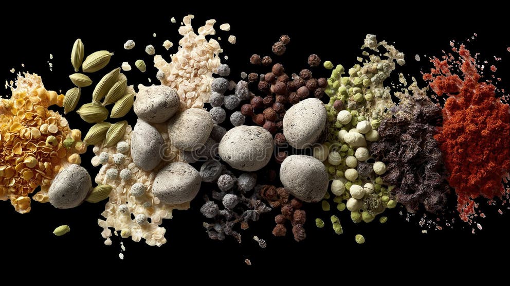 Various Spices Floating on Transparent Background, Creating an Artistic ...
