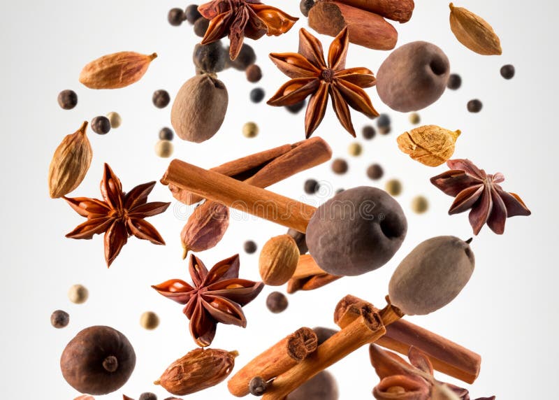 Various Spices Flying Around Over White Background, Trendy Levitation ...