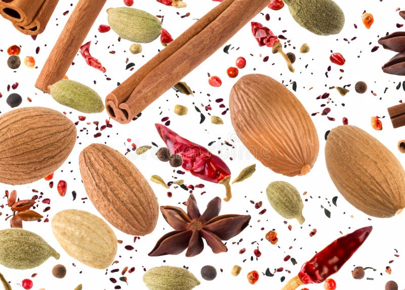 Various Spices Flying Around Over White Background, Trendy Levitation ...