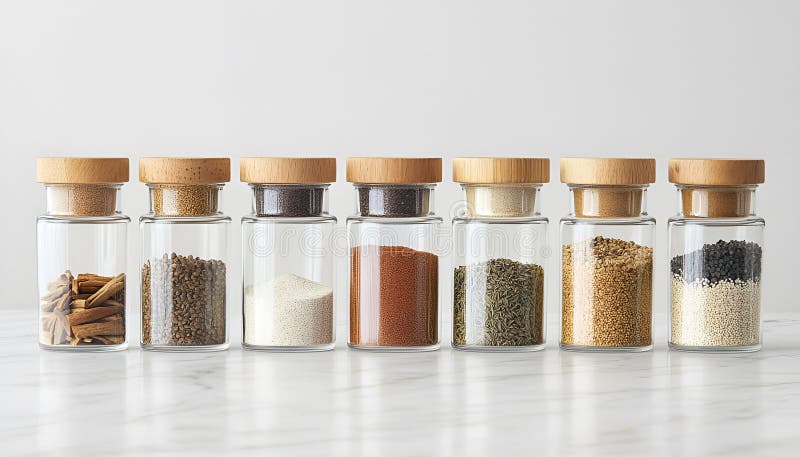 Various Spices in Glass Jars on White Marble Table Stock Photo - Image ...