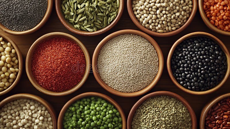 Colorful Spices and Grains Arranged in Bowls on a Wooden Surface at a ...