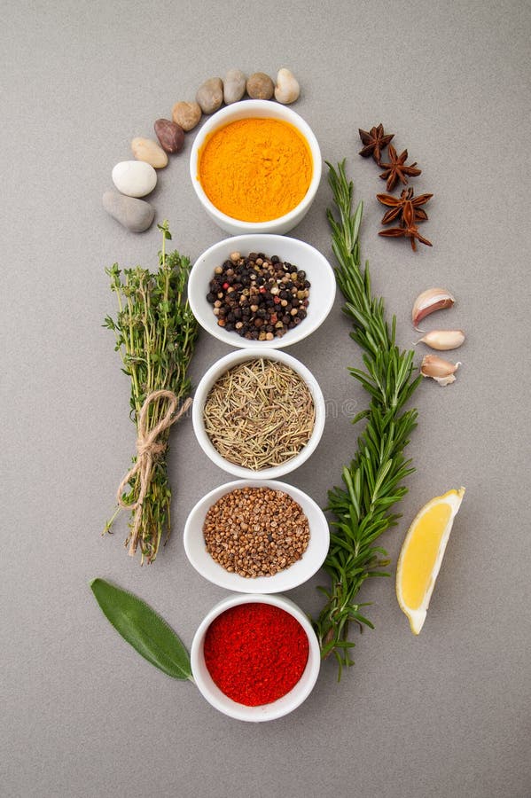 Various Spices on a Gray Background. Stock Photo - Image of dried ...