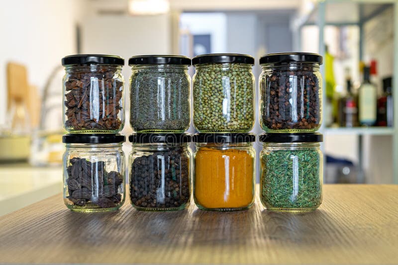 Different Spice and Herb in Glass Jars for Cooking, Indian Spices ...