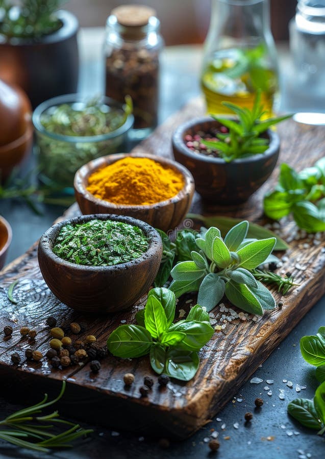 Various Spices and Herbs on Wooden Board Stock Image - Image of table ...