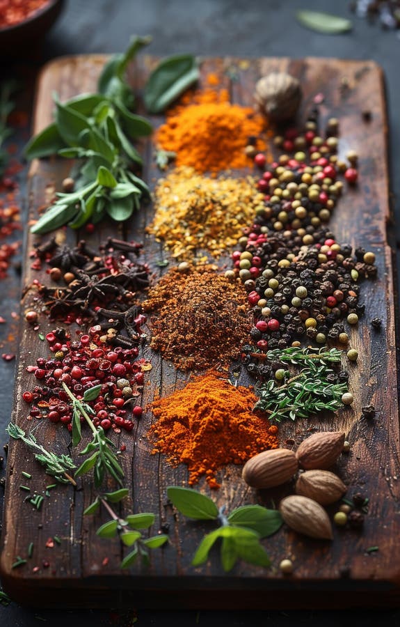 Various Spices and Herbs on Wooden Cutting Board Stock Photo - Image of ...