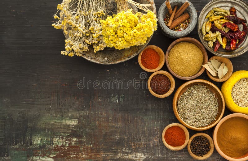 Various Spices on Vintage Board Stock Image - Image of bowl, paprika ...