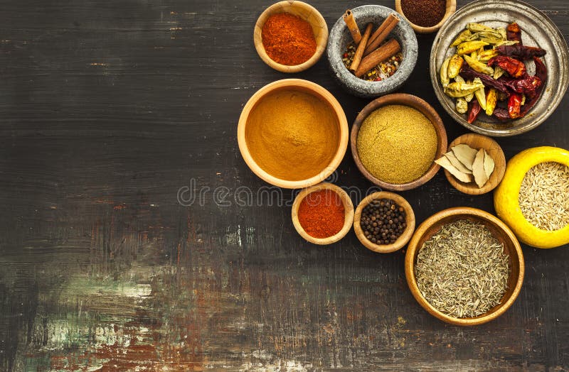 Various Spices on Vintage Board Stock Photo - Image of assorted, dish ...