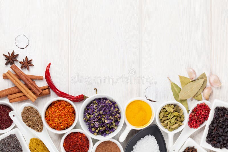 Various Spices on White Wooden Background Stock Photo - Image of ...