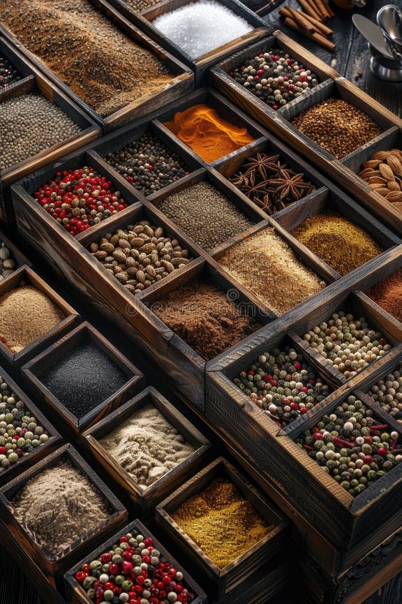 Various Spices in Wooden Boxes, Ideal for Culinary Projects Stock Image ...