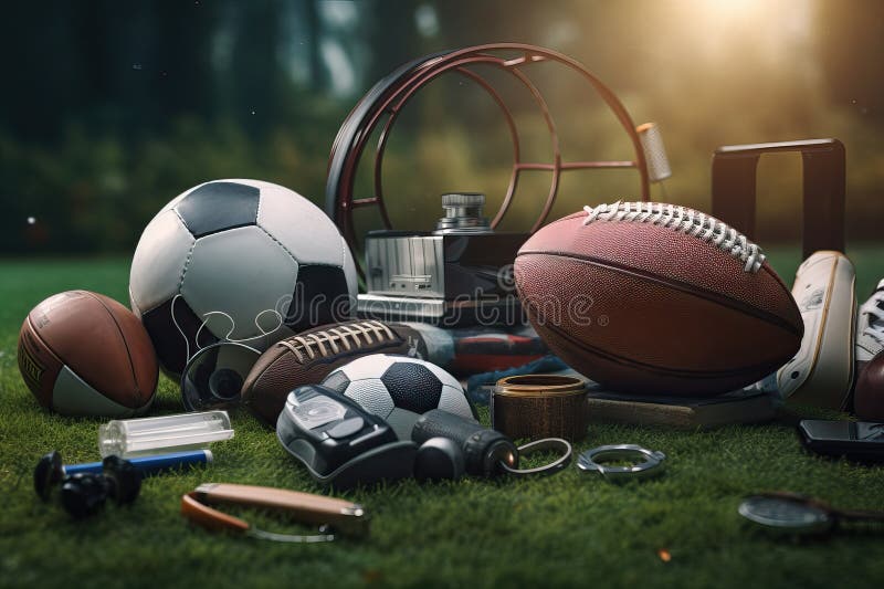 Various Sport Equipments on Grass. AI Generated Stock Illustration ...