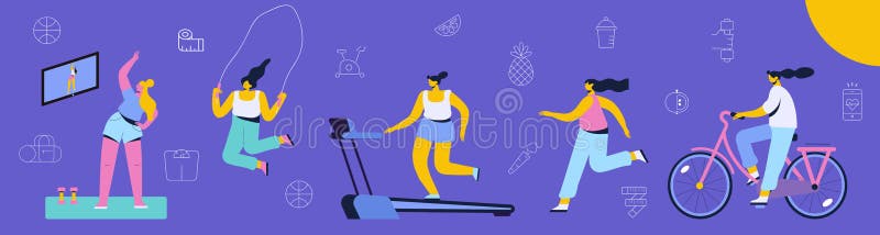 Various Sports Activities. Bundle of Happy Training or Exercising ...