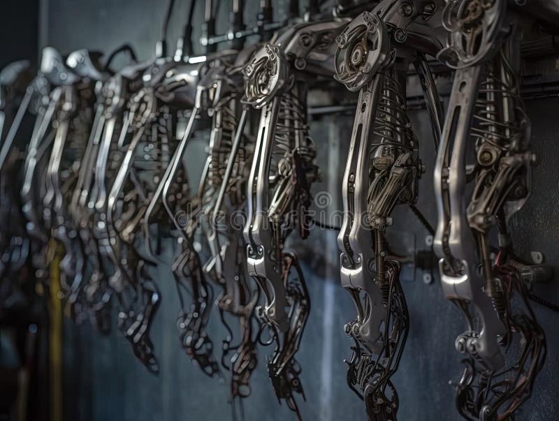 Various Stages of Cybernetic Limbs Hanging on Wall Stock Illustration ...