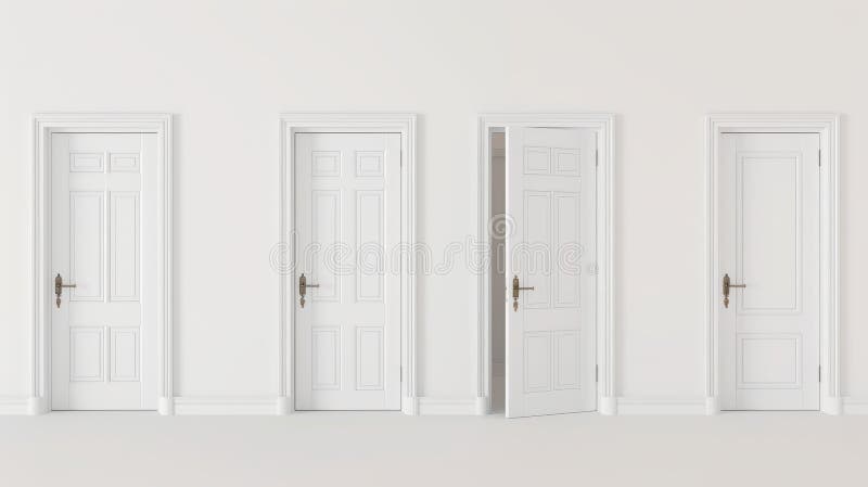Various Stages of Opening of White Wooden Doors in a 3D Rendering ...