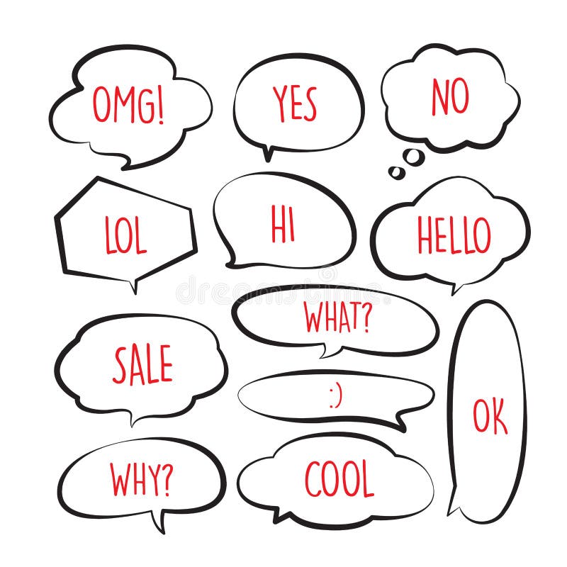 Various Stickers of Black Line Speech Bubbles Vector Set with Red Text ...