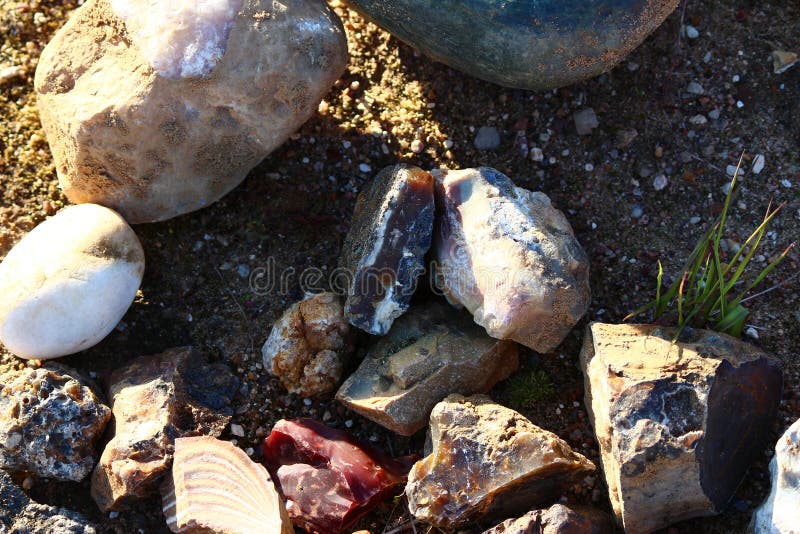 Various Stones Collected on Sand Pit, Rockhounding Stock Image - Image ...