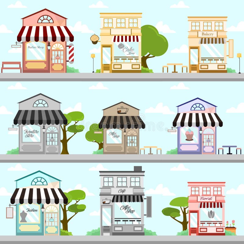 Various Store Front Building Background Illustration Design Set Stock ...