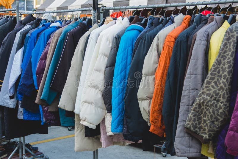 Various Style Winter Cloth on Rack in Winter Shop. Stock Image - Image ...