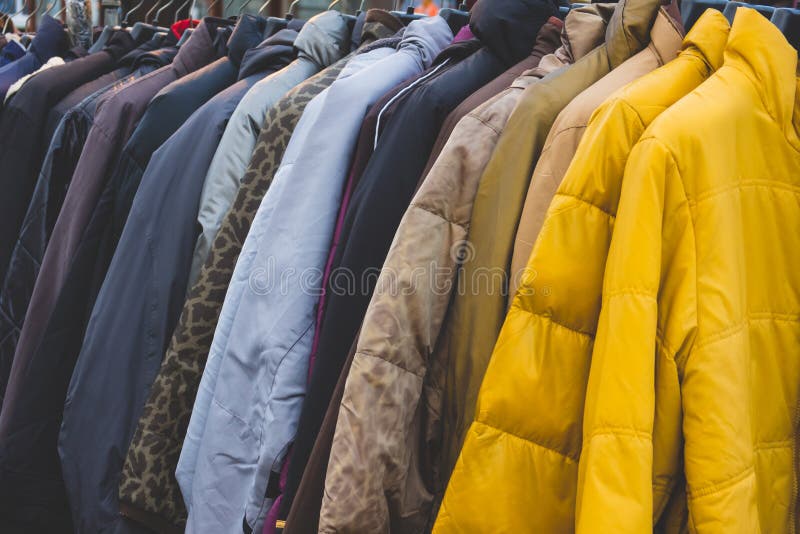 Various Style Winter Cloth on Rack in Winter Shop Stock Image - Image ...