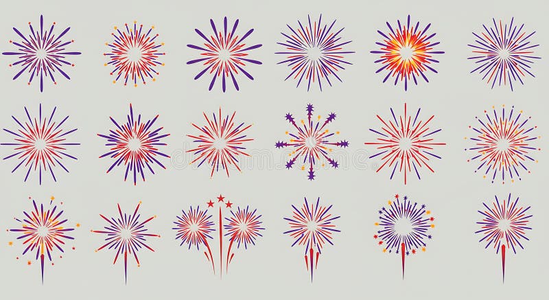 Various Stylized Fireworks Designs are Displayed Against a Light ...
