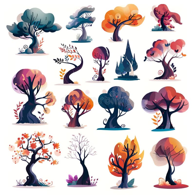 Various Stylized Trees and Plants that Include Leaves, Branches and ...