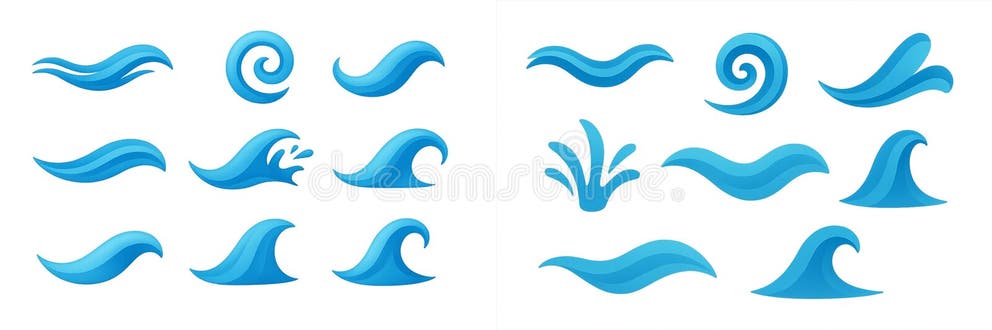 Various Stylized Wave Designs in Blue Showcasing Different Shapes and ...