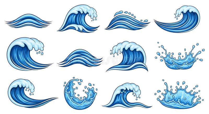 Various Stylized Wave Illustrations in Different Forms and Sizes on a ...