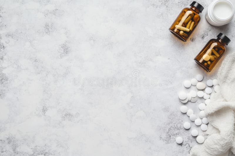 Various Supplement Bottles and Tablets Scattered on a Clean Countertop ...