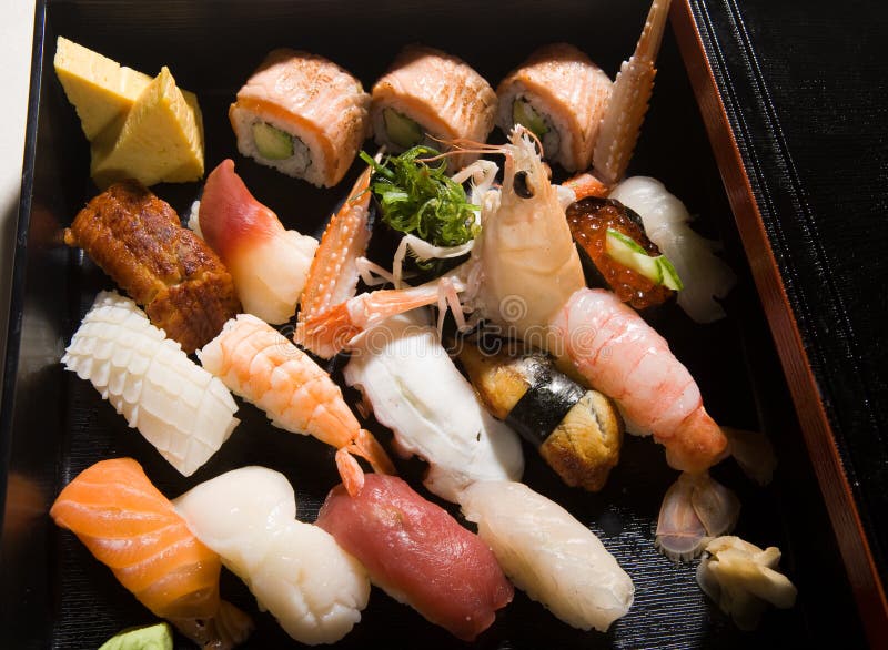 Sushi and Sashimi Seafood in Refrigerator Stock Photo - Image of fresh ...