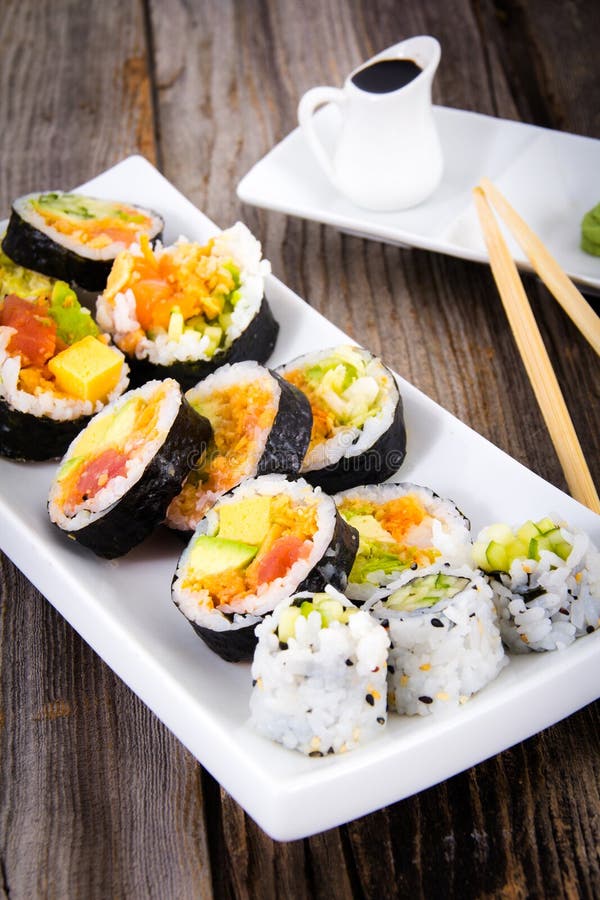 Various sushi plate stock photo. Image of cucumber, shrimp - 80993048