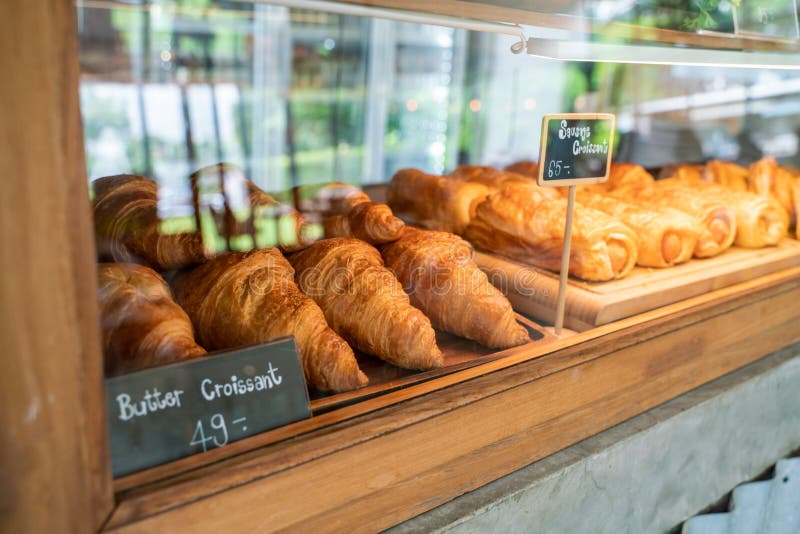 Various Sweet Bakery with Sausage and Chocolate in Glass Box Stock ...