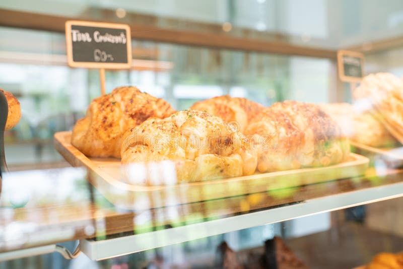 Various Sweet Bakery with Sausage and Chocolate in Glass Box Stock ...