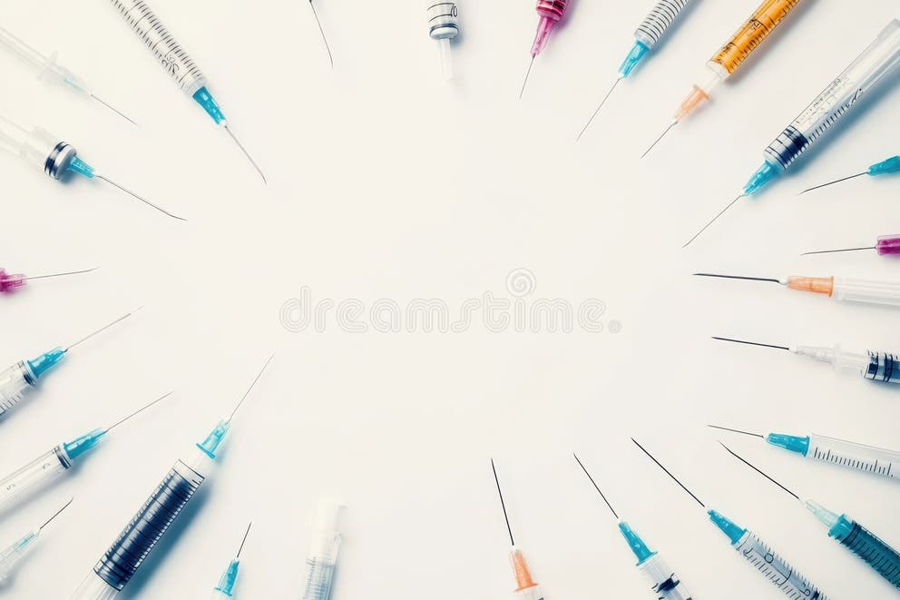 Various Syringes Arranged in a Circular Pattern on a Clean Surface for ...