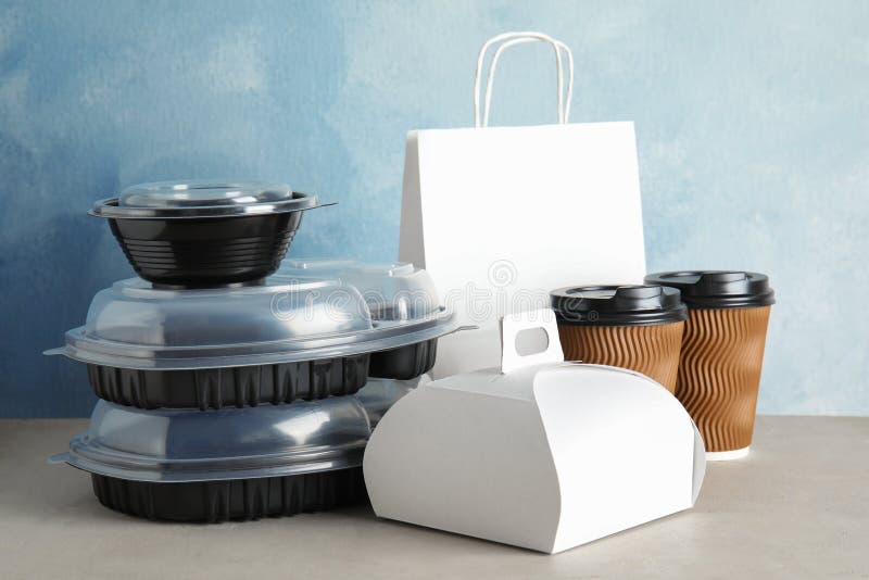 Various Takeout Containers on Table. Food Delivery Stock Image - Image ...