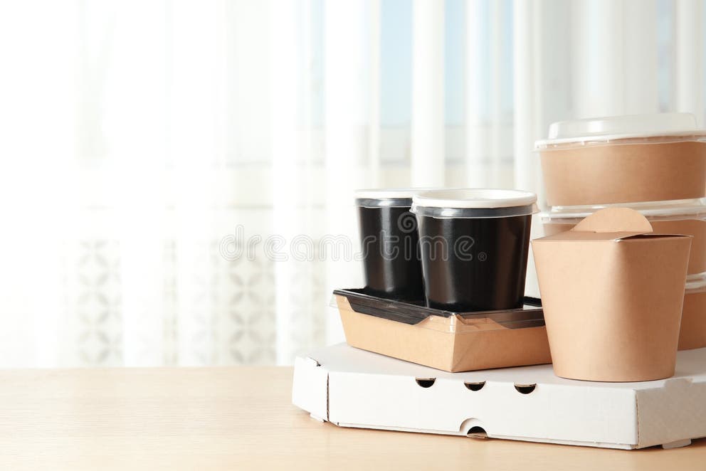 Various Takeout Containers on Table, Space for Text. Stock Image ...