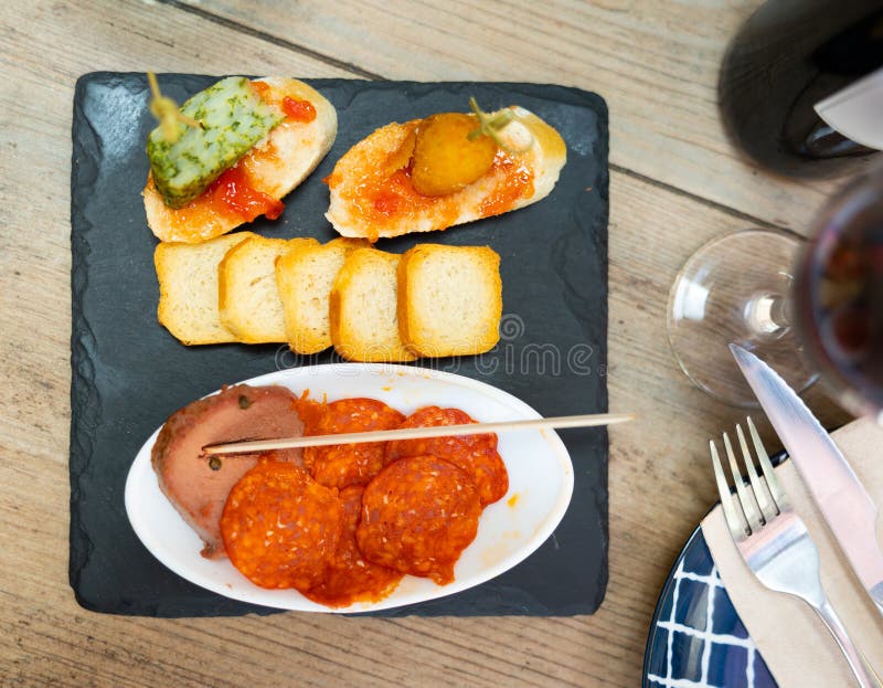 Various Tapas Served on Black Board Stock Photo - Image of appetizer ...
