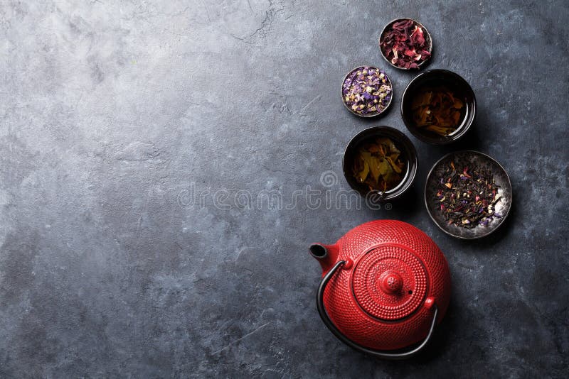 Various Tea and Teapot. Black, Green and Red Tea Stock Photo - Image of ...