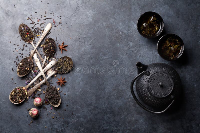 Various Tea in Spoons and Teapot Stock Image - Image of collection ...