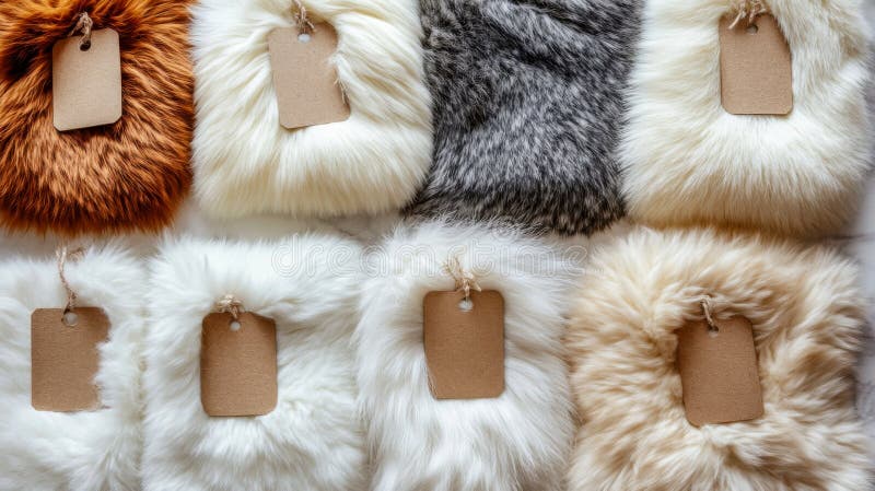 Various Textured Faux Fur Swatches with Blank Tags Displayed on a ...
